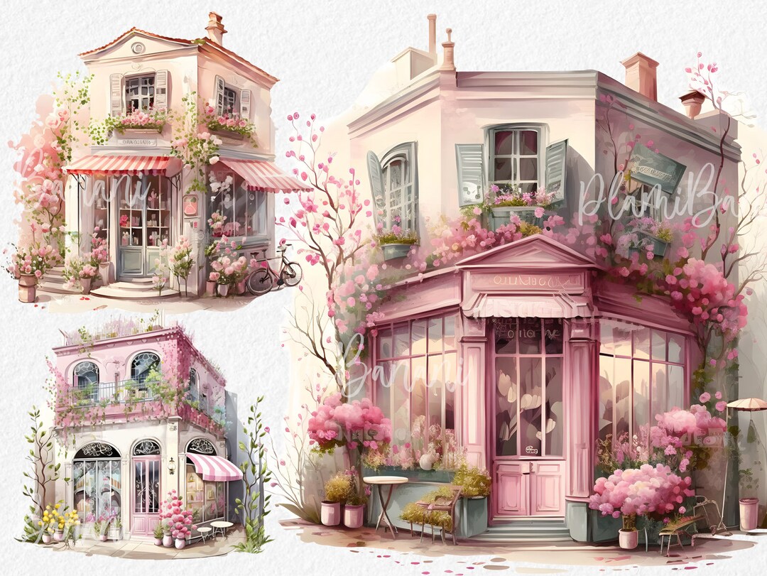 Pink Shop Clipart, Paris Cafe Clip Art, Png. Digital Watercolor. Free ...