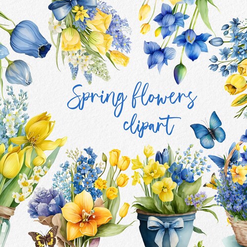 Spring Clipart Flower Watercolor Clipart Blue and Yellow - Etsy