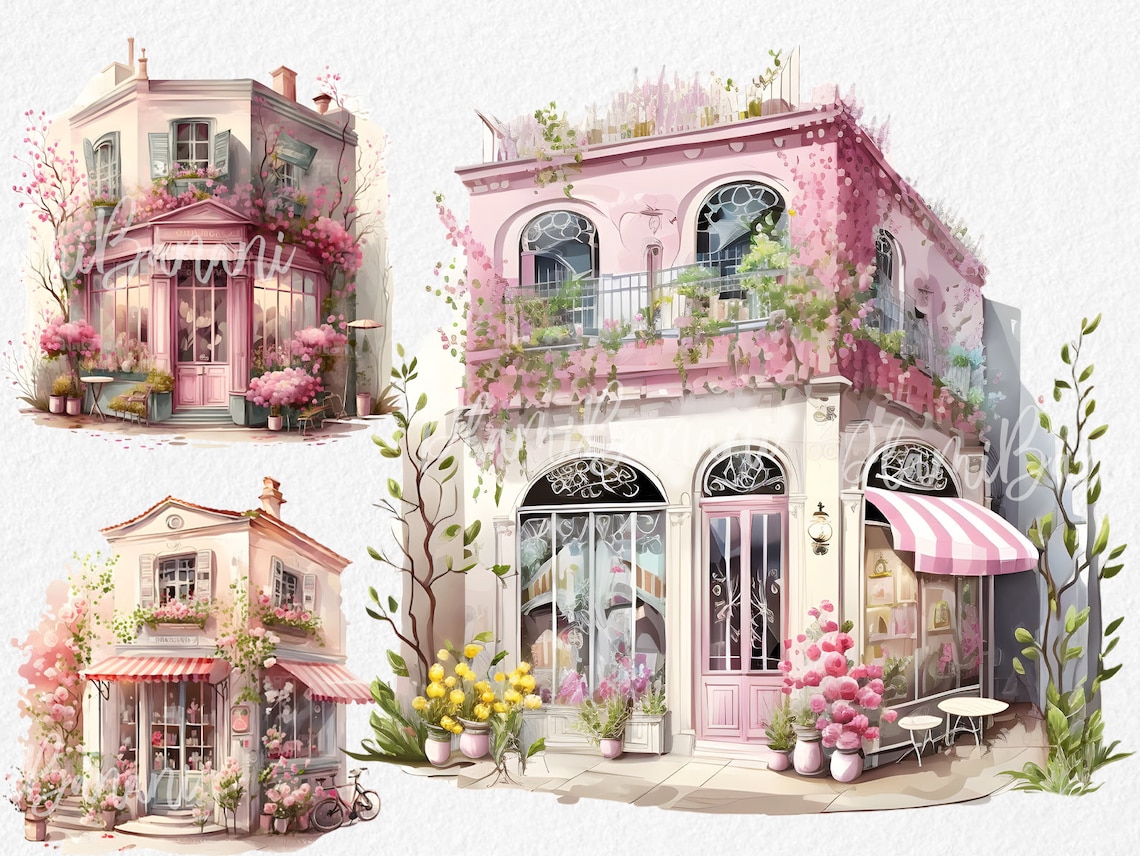 Pink Shop Clipart, Paris Cafe Clip Art, Png. Digital Watercolor. Free ...