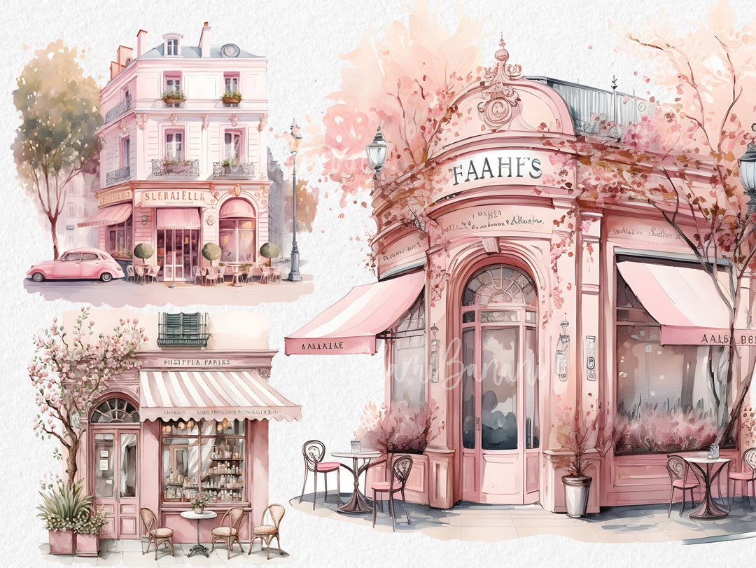 Pink Coffee Shop Clipart, Paris Cafe Clip Art, Png. Digital Watercolor ...