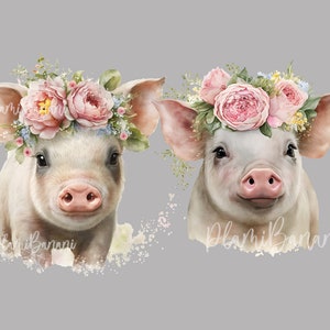 Cute Watercolour Baby Pigs Clipart Bundle With Flowers, Nursery Art ...