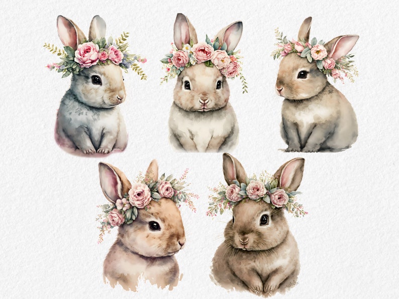Cute Watercolour Baby Bunny Clipart Bundle With Flowers, Nursery Art ...