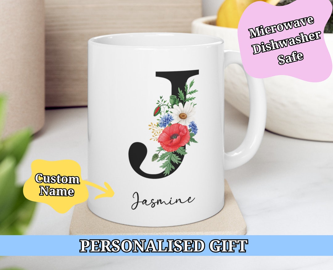 Personalized Floral Letter Mug Custom Name Initial Monogram Coffee Cup ...