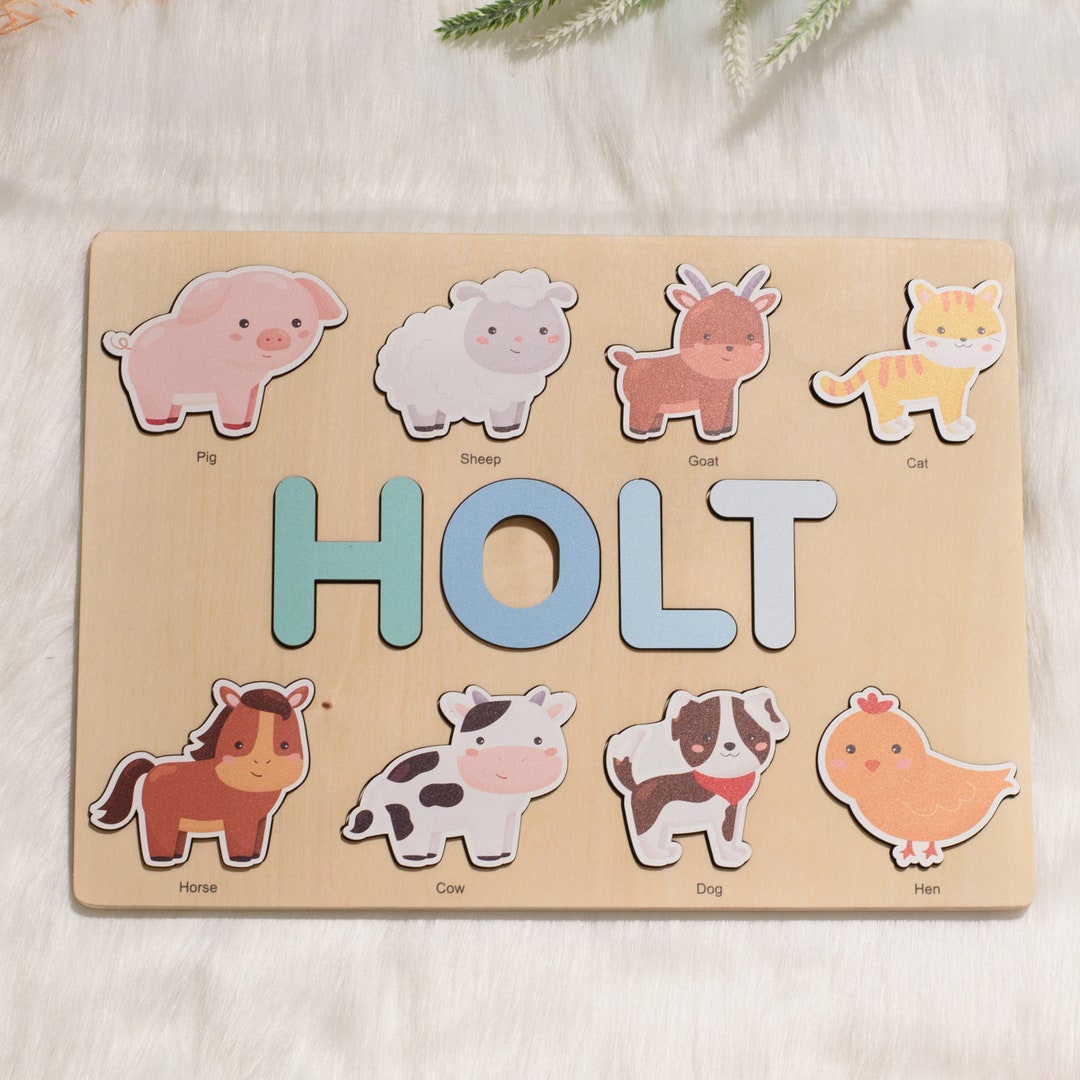 Farm Animal Name Puzzle With Pegs, Barnyard Animal Puzzle, 1st Birthday ...