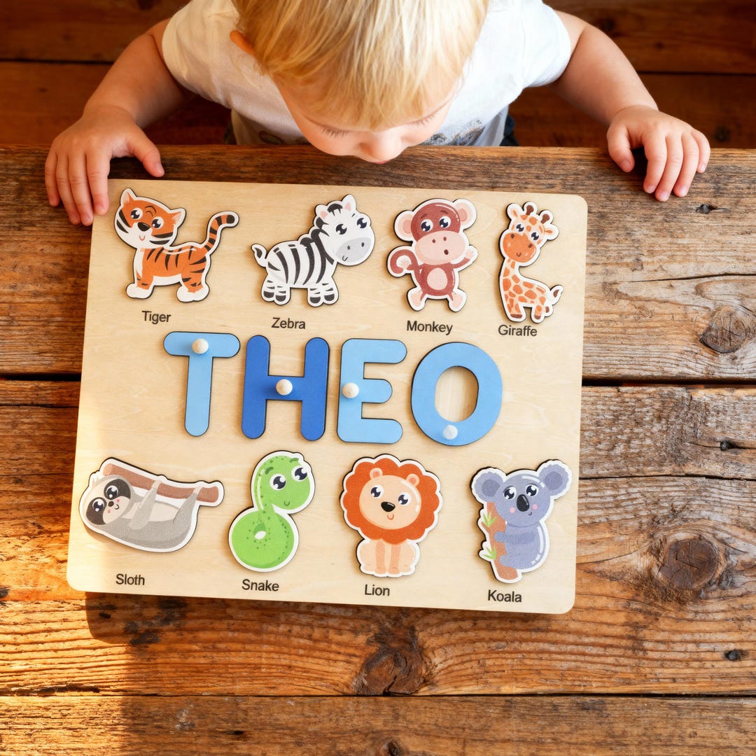 Safari Animal Name Puzzle: Montessori Toddler Gift for Boy, First ...