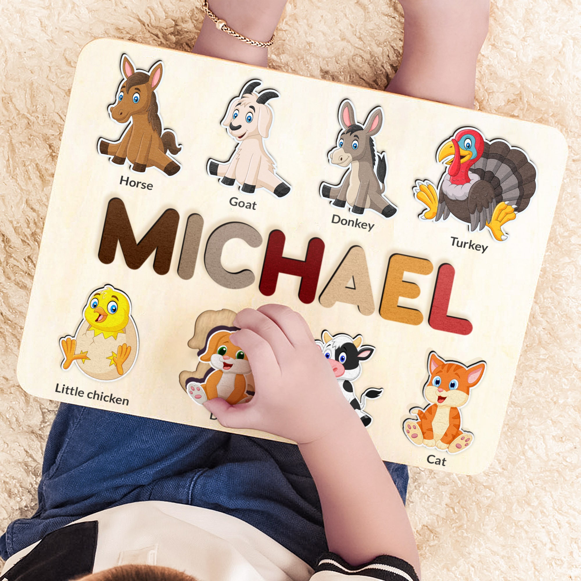 Personalized Name Puzzle With Pegs: Animal Theme, Wooden Toy - Etsy