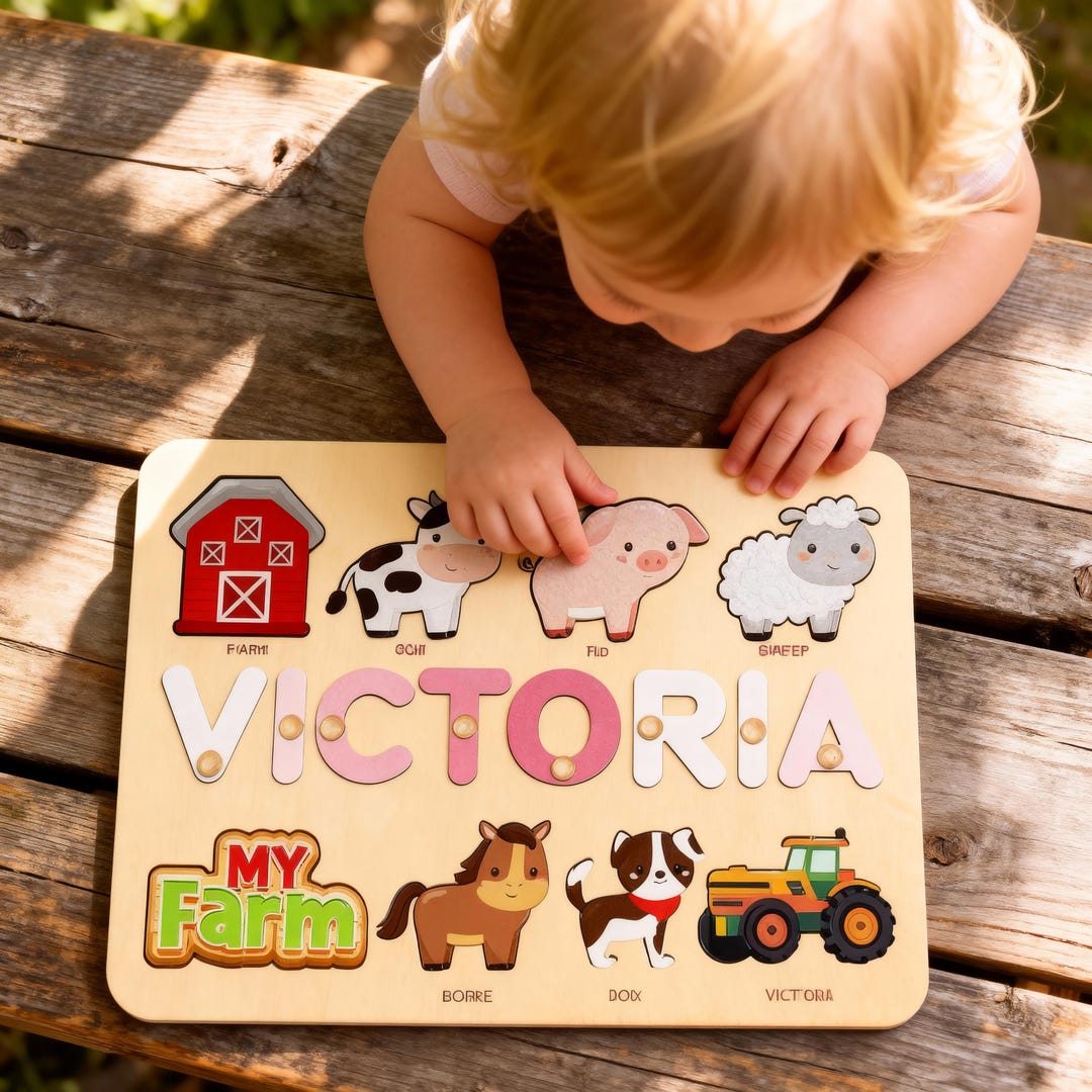 Farm Animal Name Puzzle: Personalized Wooden Toy, Baby Shower Gift, 1 ...