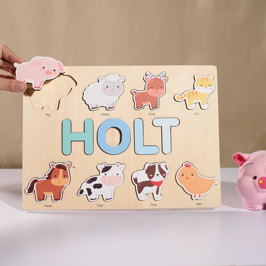 Farm Animal Name Puzzle With Pegs, Barnyard Animal Puzzle, 1st Birthday ...