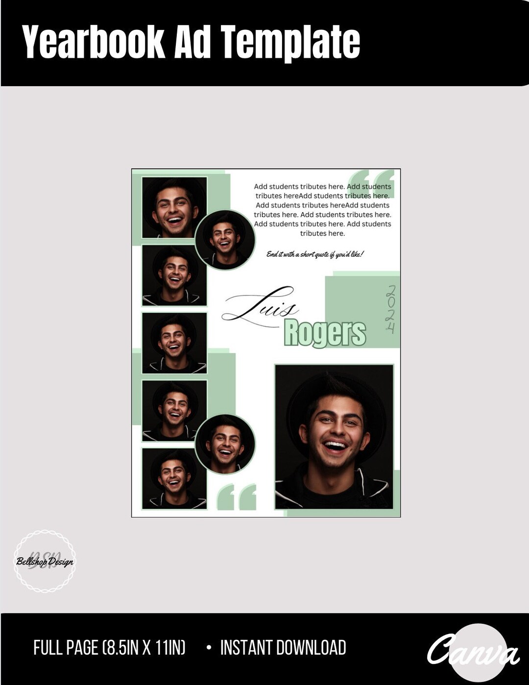 Editable Full-page Yearbook Ad Template - 8 Picture Layout (8.5in X ...