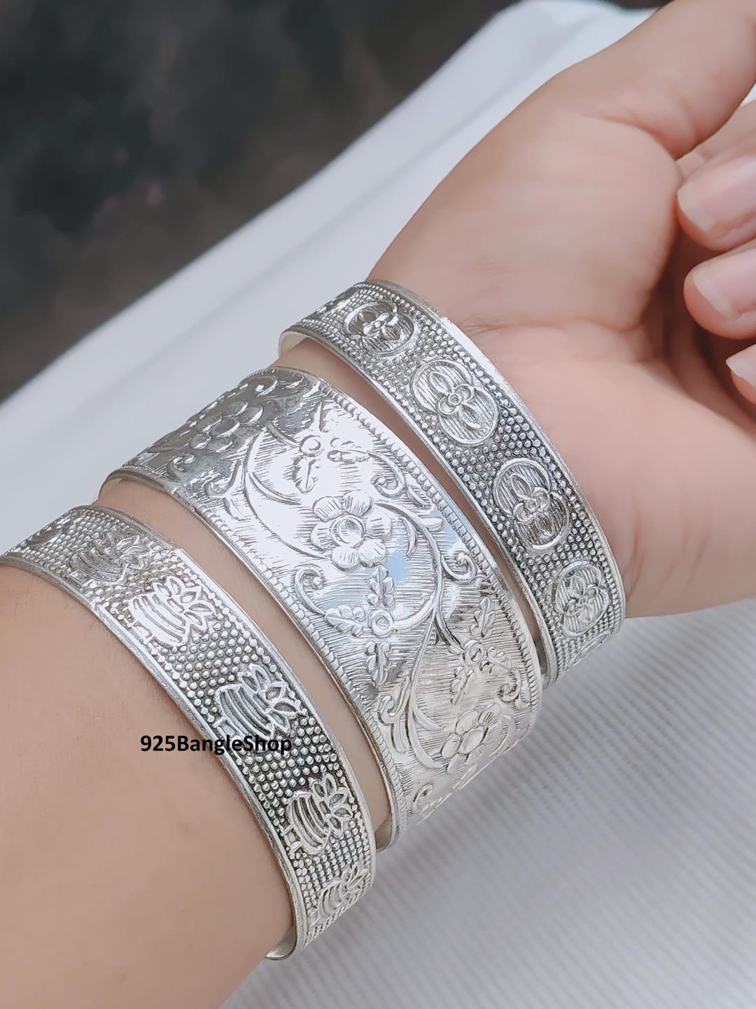 Oxidized Sterling Silver Bangle Set - Handmade Flower Design - Etsy