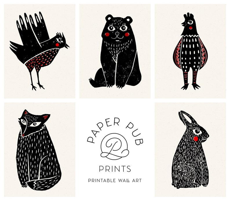 Linocut Postcards Printable Animal Cards Downloadable - Etsy