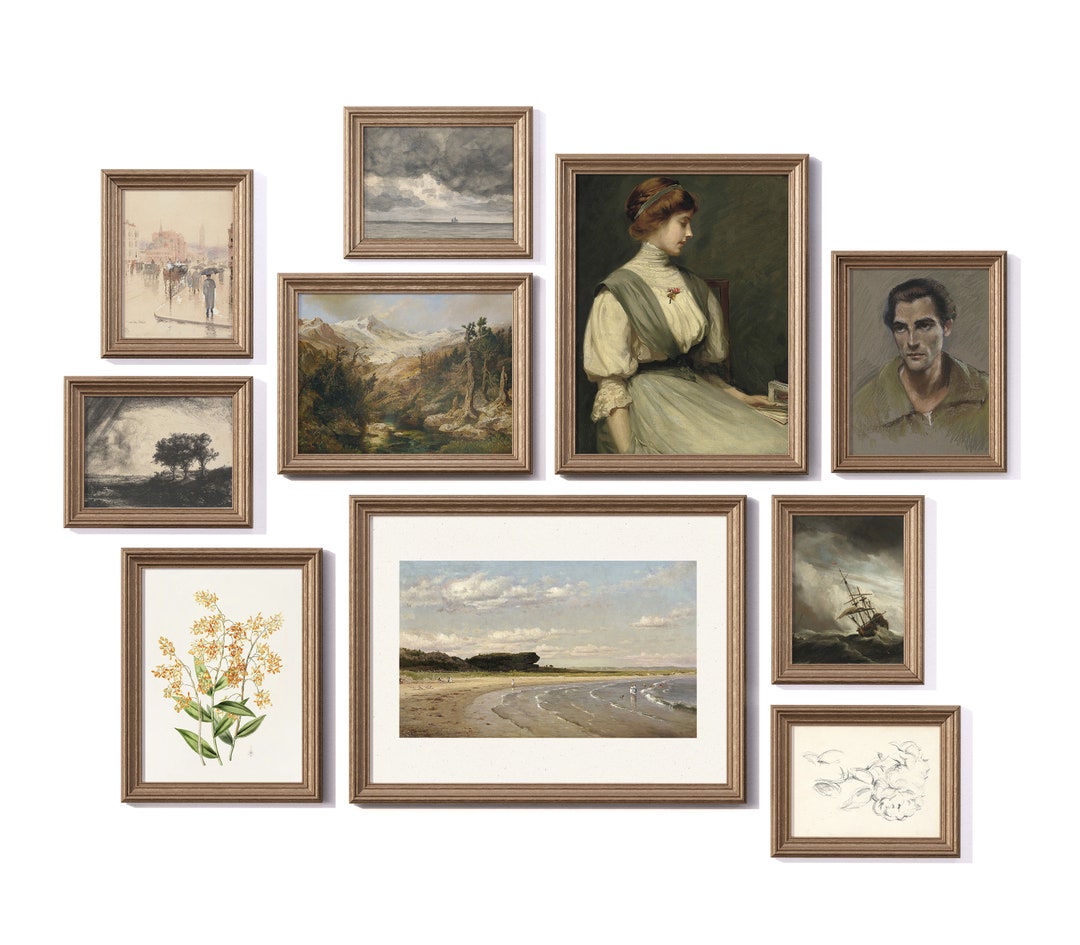 Muted Landscape and Portrait Paintings, Antique Gallery Wall Art Set of ...