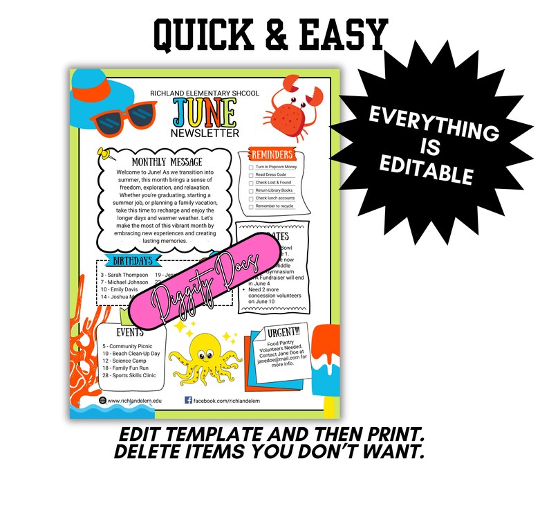 JUNE MONTHLY NEWSLETTER, All Elements Are Editable, Great for Schools ...