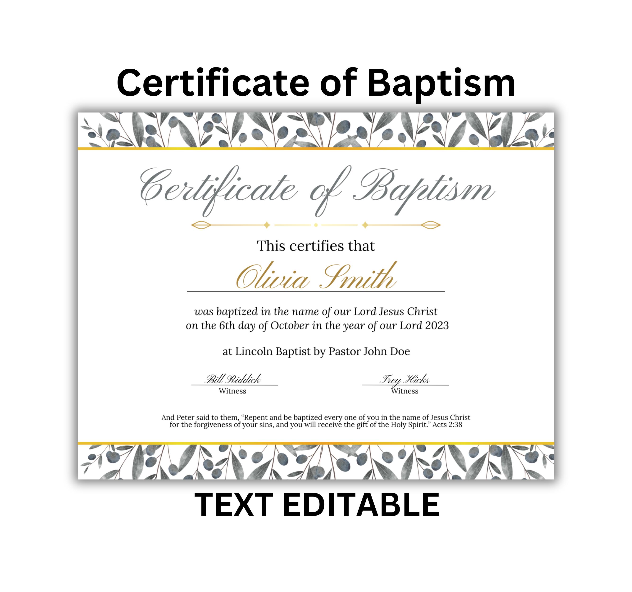 CERTIFICATE of BAPTISM TEMPLATE Customizable| Personalized Baptismal ...
