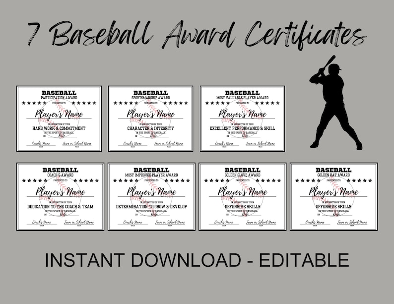 Baseball EDITABLE Certificates Baseball Awards End of Year - Etsy
