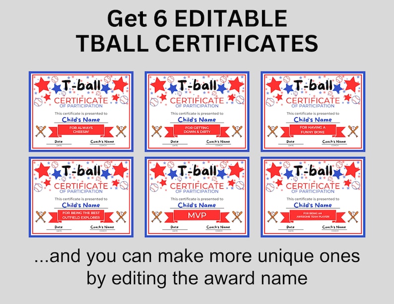 T-BALL EDITABLE Award Certificates Cute Red & Blue | Personalize and ...