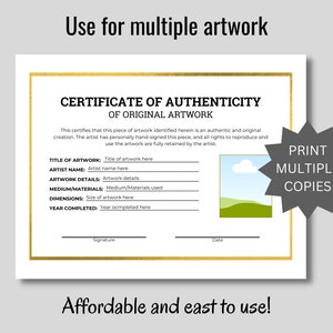 Artwork Certificate of Authenticity Template Digital Download ...