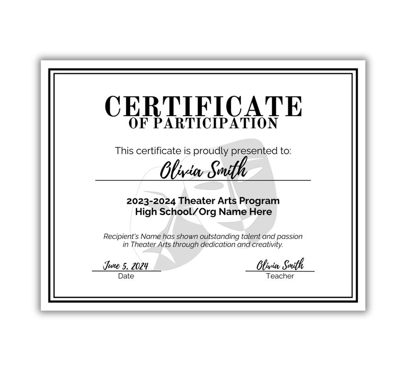 EDITABLE Theater Arts Certificate of Participation Drama Club Creative ...