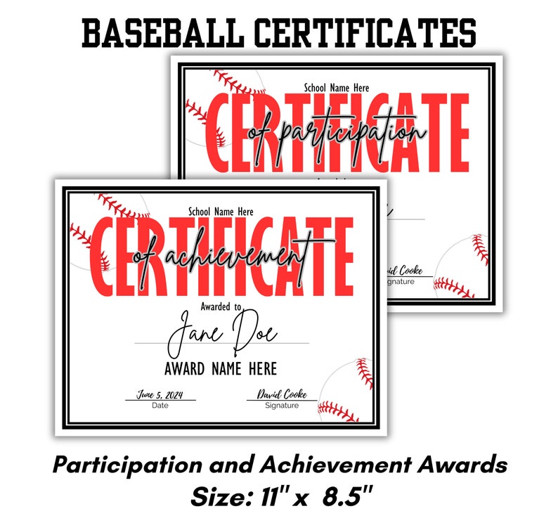 BASEBALL Certificate Award Template Text Editable Template Printable ...