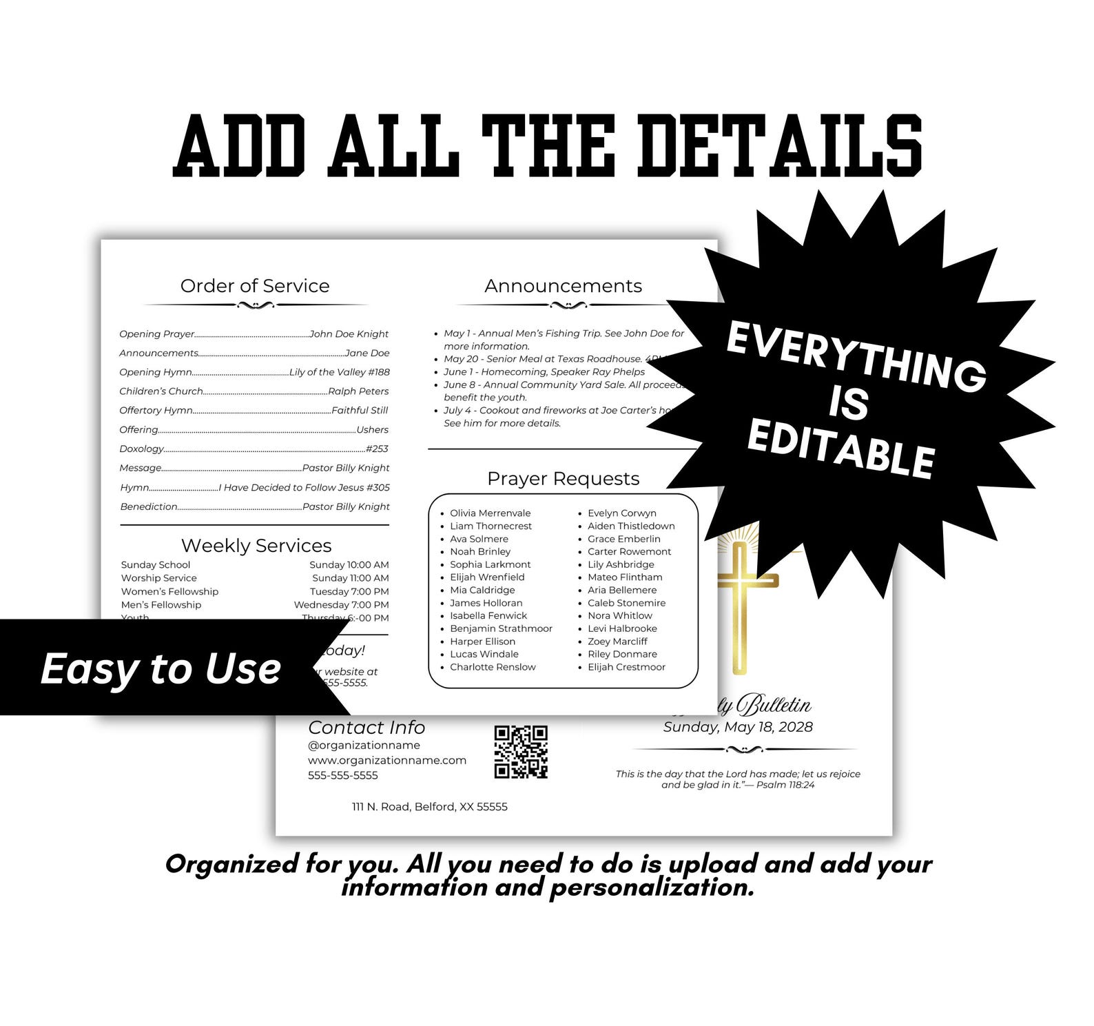 Editable Church Bulletin Template | Custom Canva Bifold Program for ...