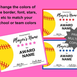 EDITABLE Softball Award Certificates Softball Awards End - Etsy