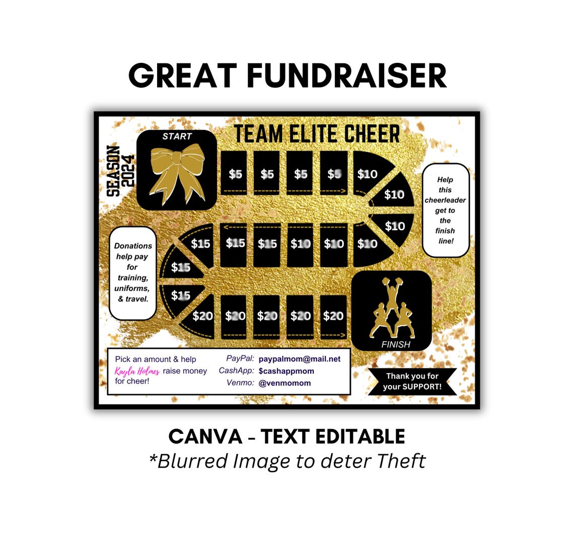 Cheer Fill-in Fundraiser Gold Game Board, Editable Fundraiser Template ...