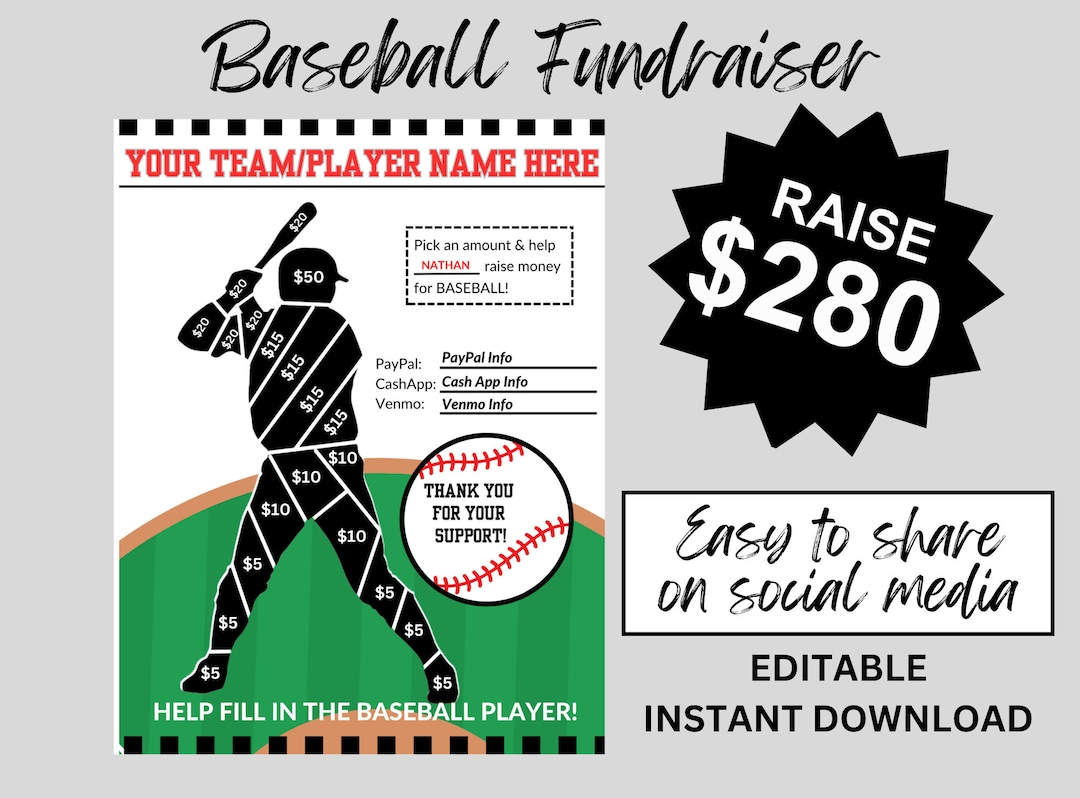 EDITABLE BASEBALL Player Fill in Fundraiser Baseball Fundraiser Sheet ...