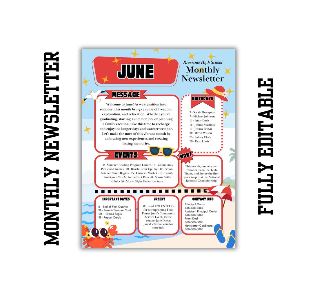 JUNE MONTHLY NEWSLETTER, All Elements Are Editable, Great for Schools ...