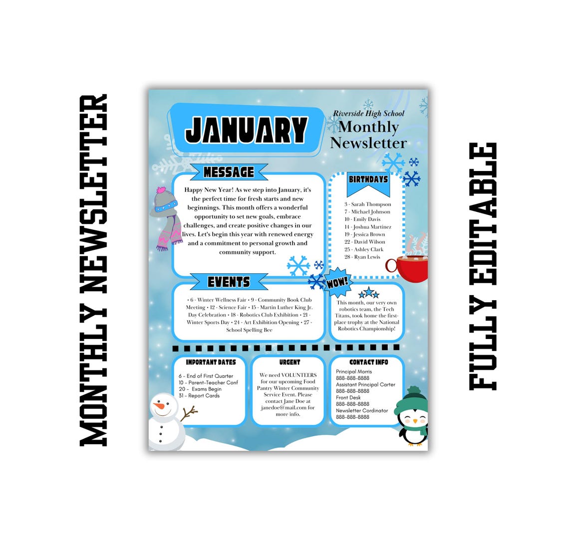 JANUARY MONTHLY NEWSLETTER, All Elements Are Editable, Great for ...
