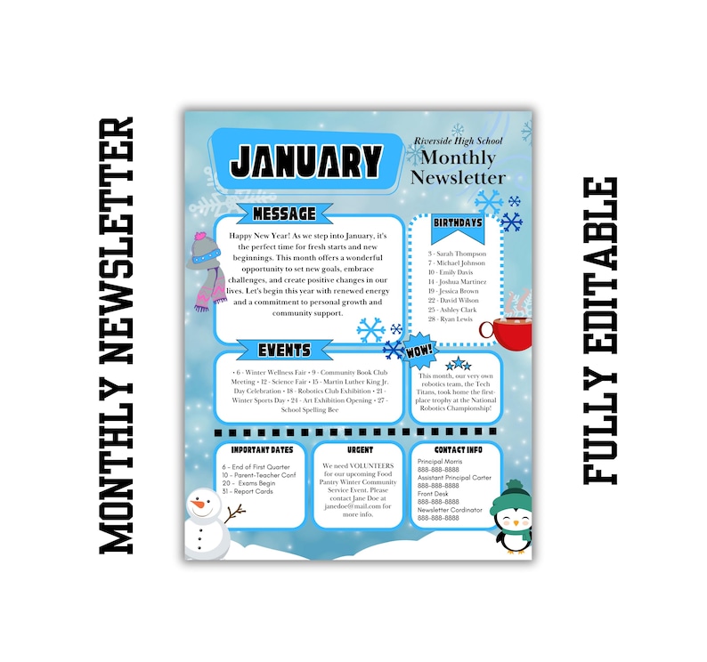 JANUARY MONTHLY NEWSLETTER, All Elements Are Editable, Great for ...