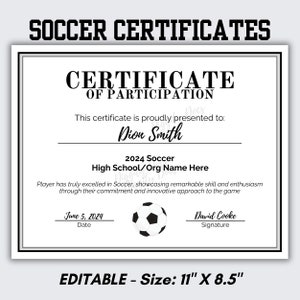 SOCCER Certificate Award Template - Set of 10 | Fully Editable Template ...