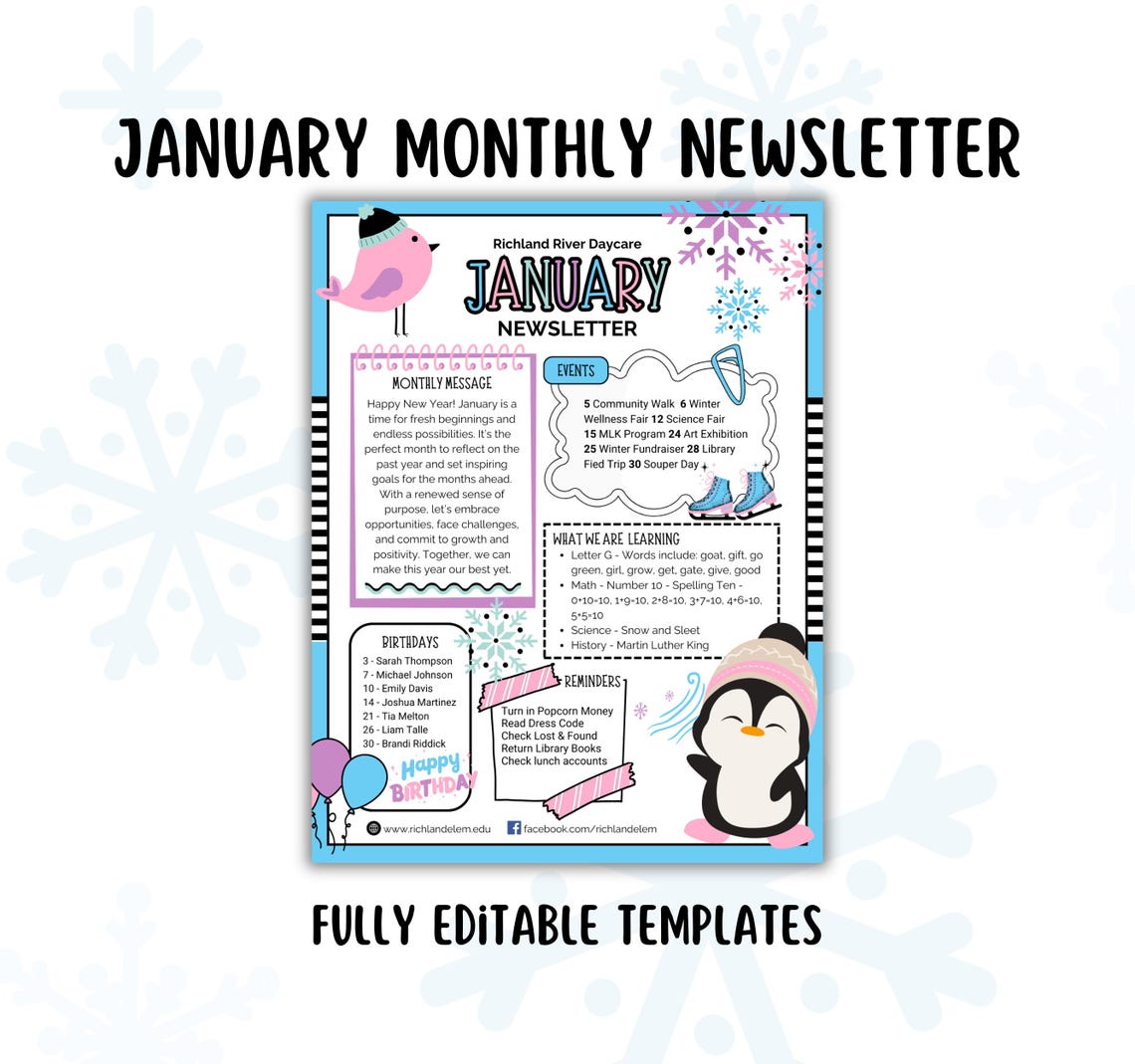 JANUARY MONTHLY NEWSLETTER, All Elements Are Editable, Great for ...