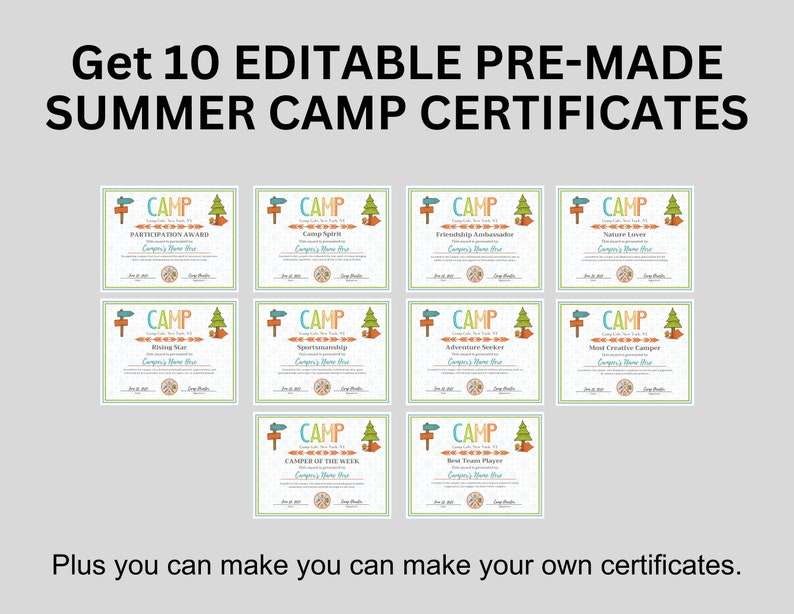 SUMMER CAMP Certificates Personalize and Celebrate Camp Memories ...