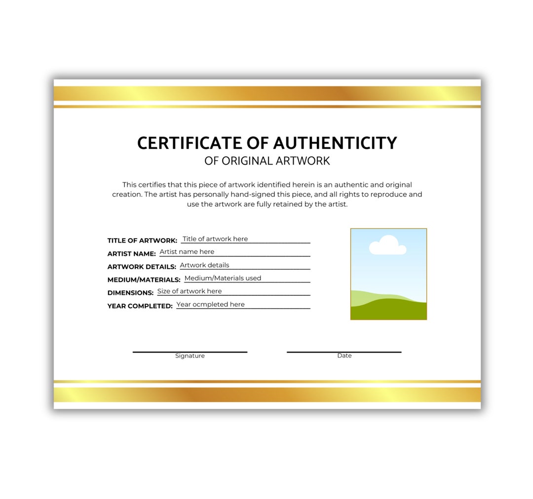 Artwork Certificate of Authenticity Template Digital Download Printable ...