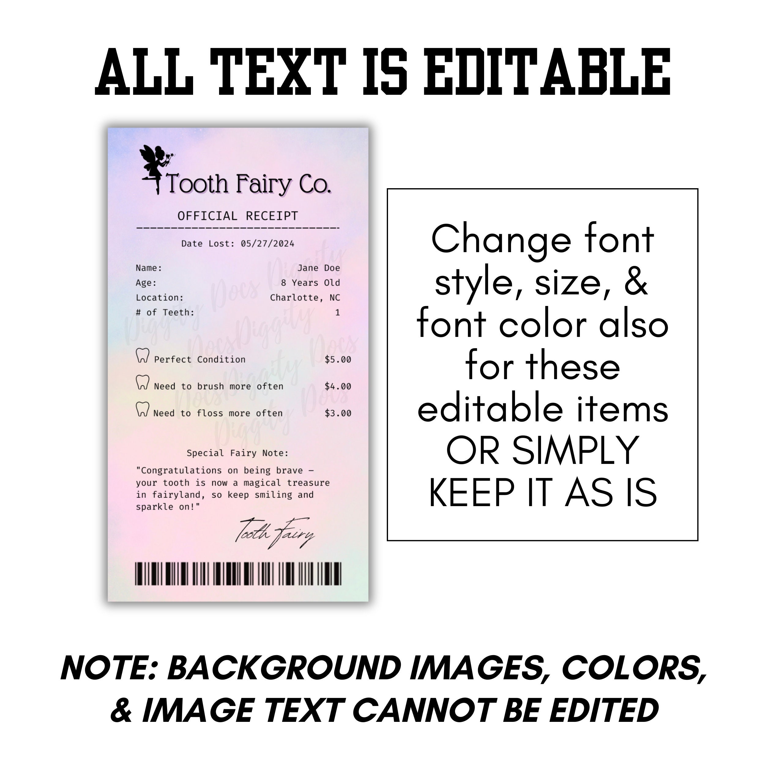 Tooth Fairy Receipt Digital Download - Personalized Memorabilia 2.75x5 ...