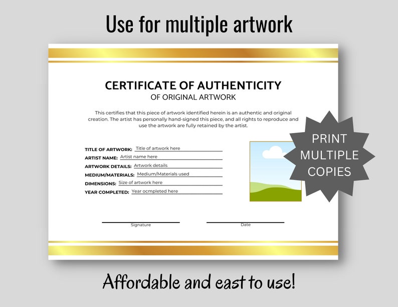 Artwork Certificate of Authenticity Template Digital Download Printable ...