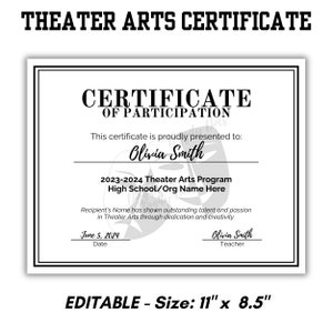 EDITABLE Theater Arts Certificate of Participation | Drama Club ...