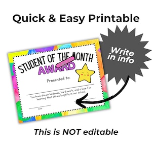 STUDENT of the MONTH Certificate - School Award Printable PDF | School ...