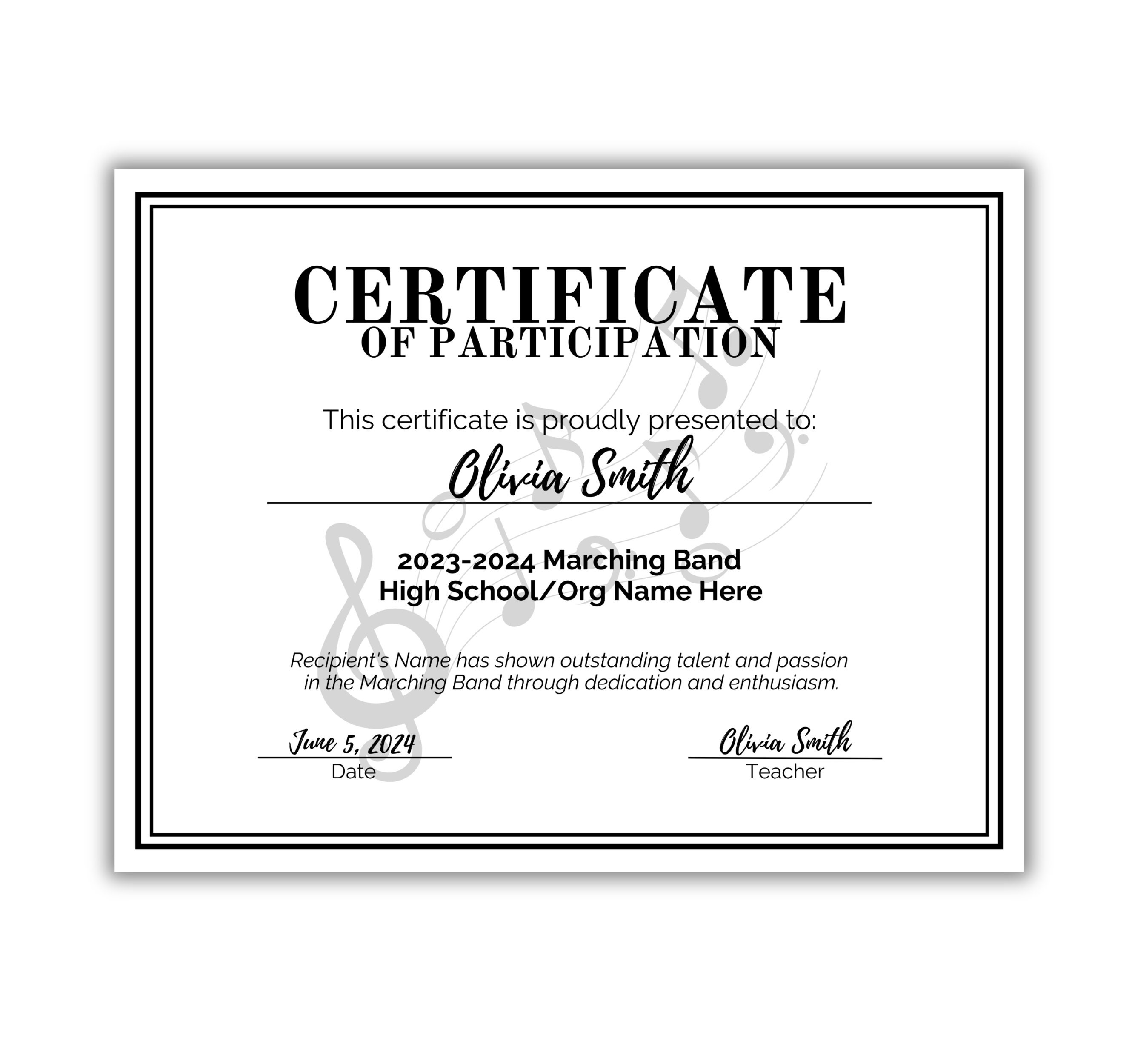 EDITABLE Marching Band Participation Certificate 11x8.5 Honor Your Band ...