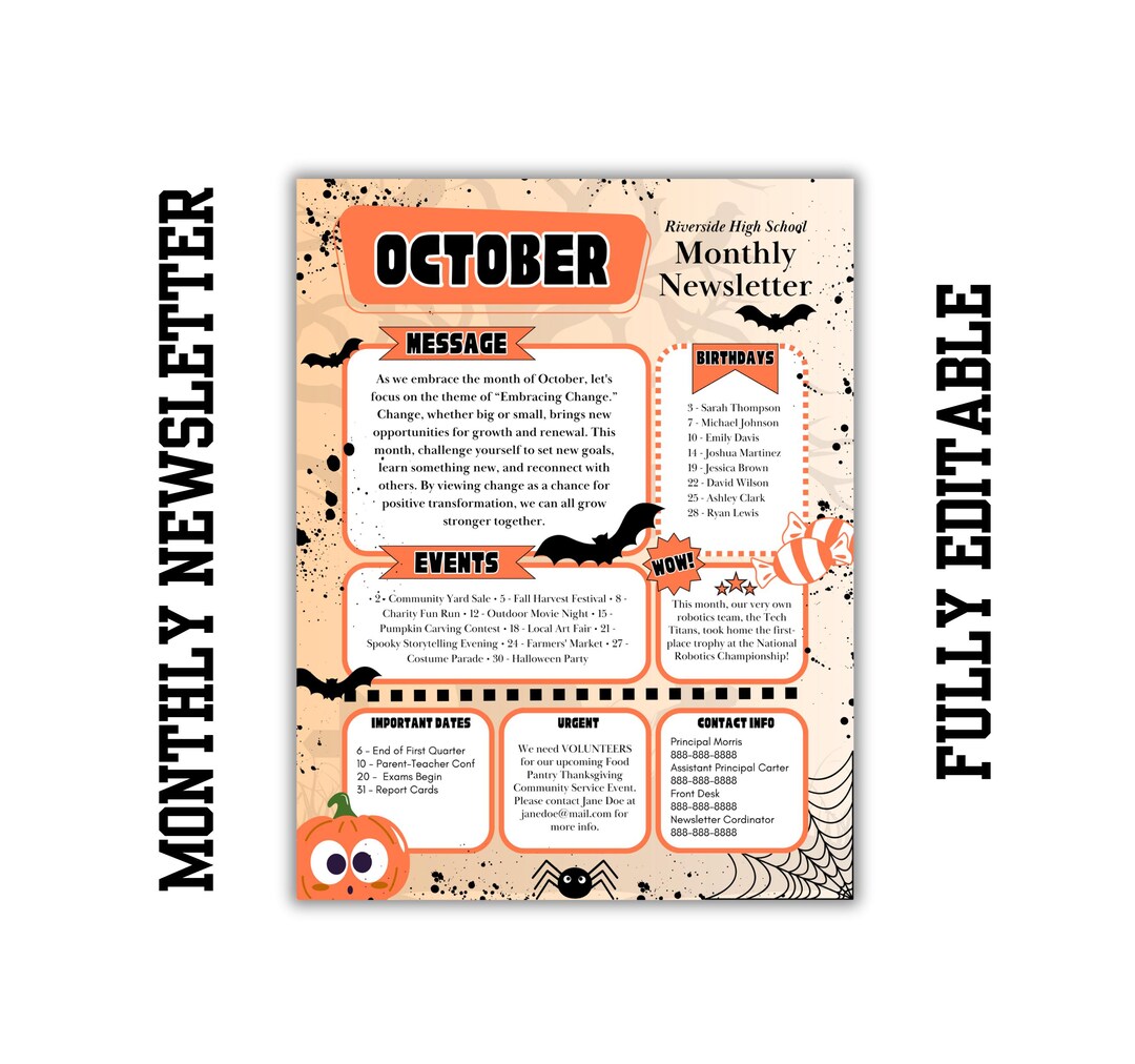 OCTOBER MONTHLY NEWSLETTER, All Elements Are Editable, Great for ...