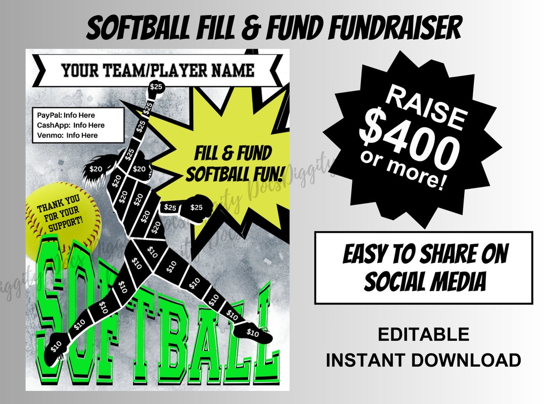 EDITABLE SOFTBALL Fill & Fund Fundraiser Softball Fundraiser Sheet AAU ...