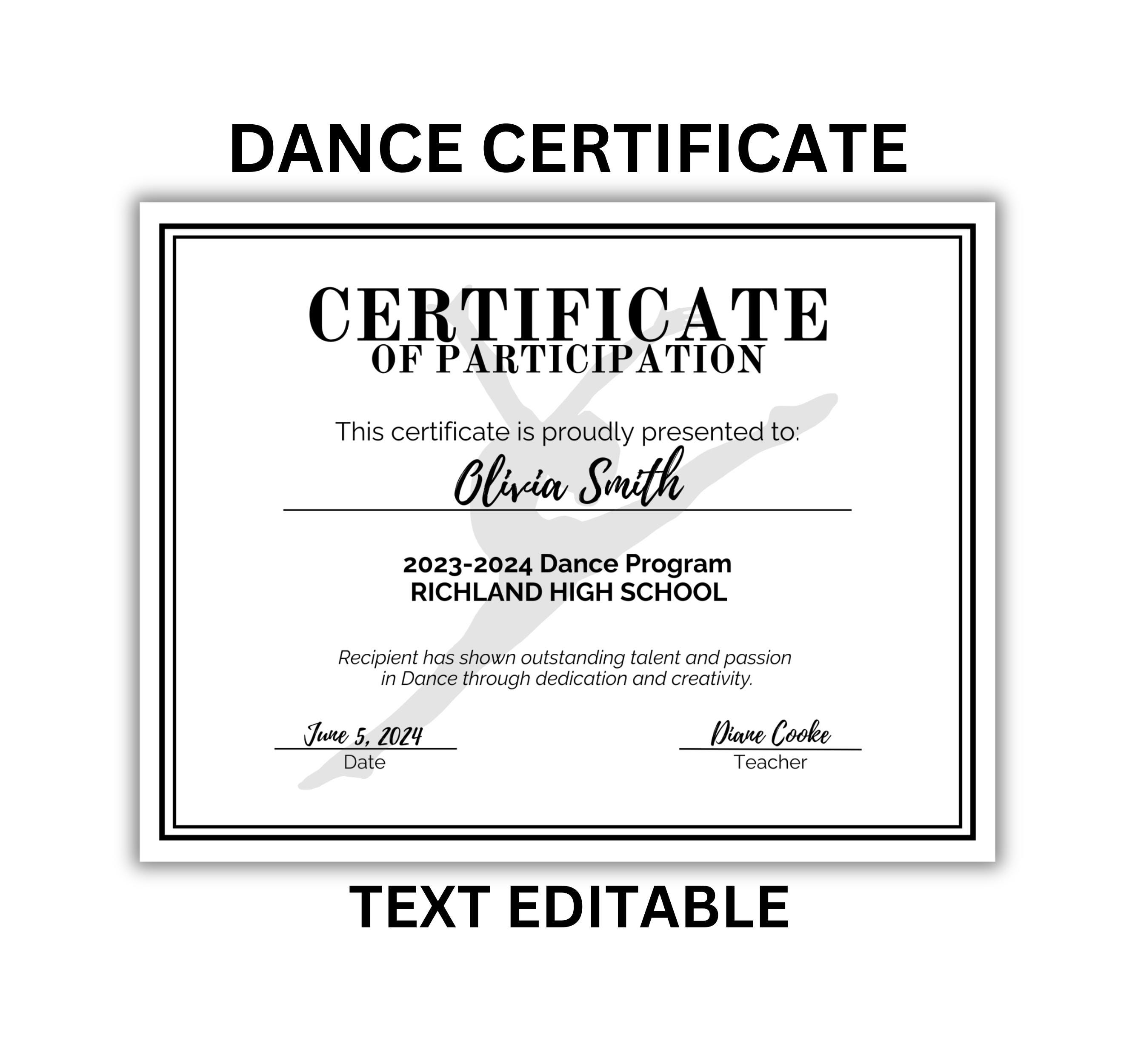 DANCE CERTIFICATES EDITABLE | Participation | Dance Award | Recital ...
