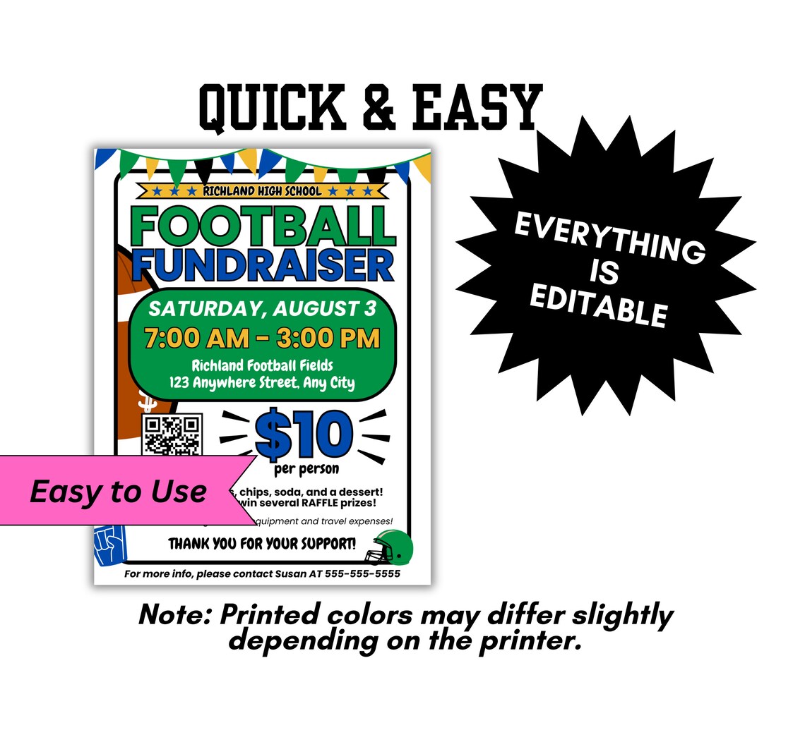 FOOTBALL FUNDRAISER TEMPLATE Flyer, All Elements Editable, Event Raffle ...
