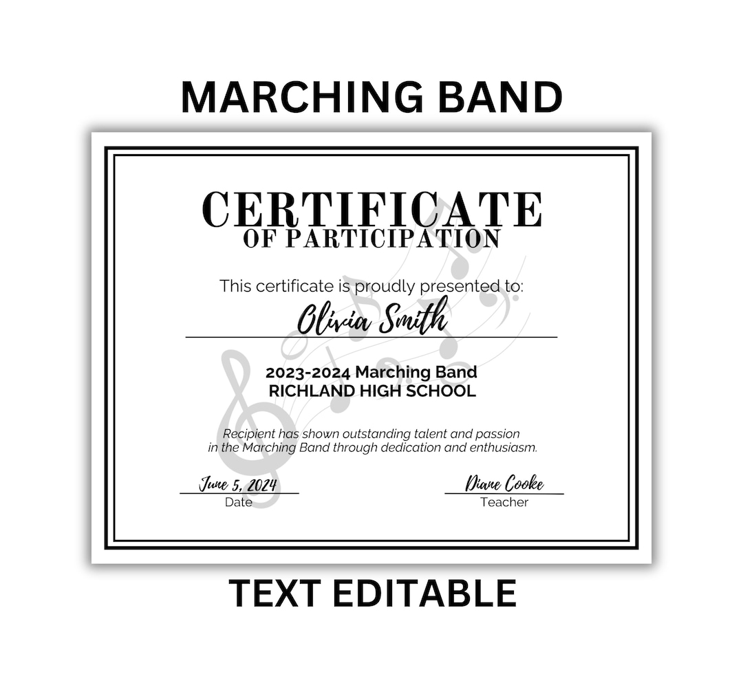 EDITABLE Marching Band Participation Certificate | 11x8.5 | Honor Your ...