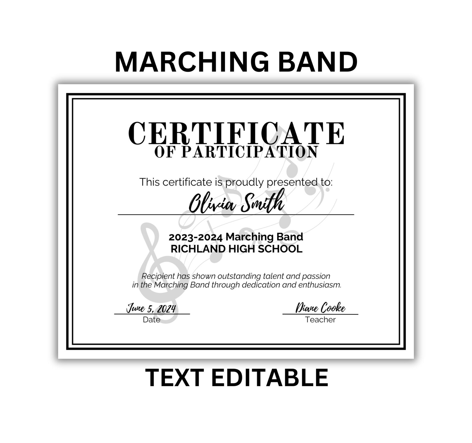 EDITABLE Marching Band Participation Certificate | 11x8.5 | Honor Your ...