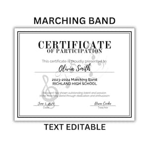 EDITABLE Marching Band Participation Certificate | 11x8.5 | Honor Your ...