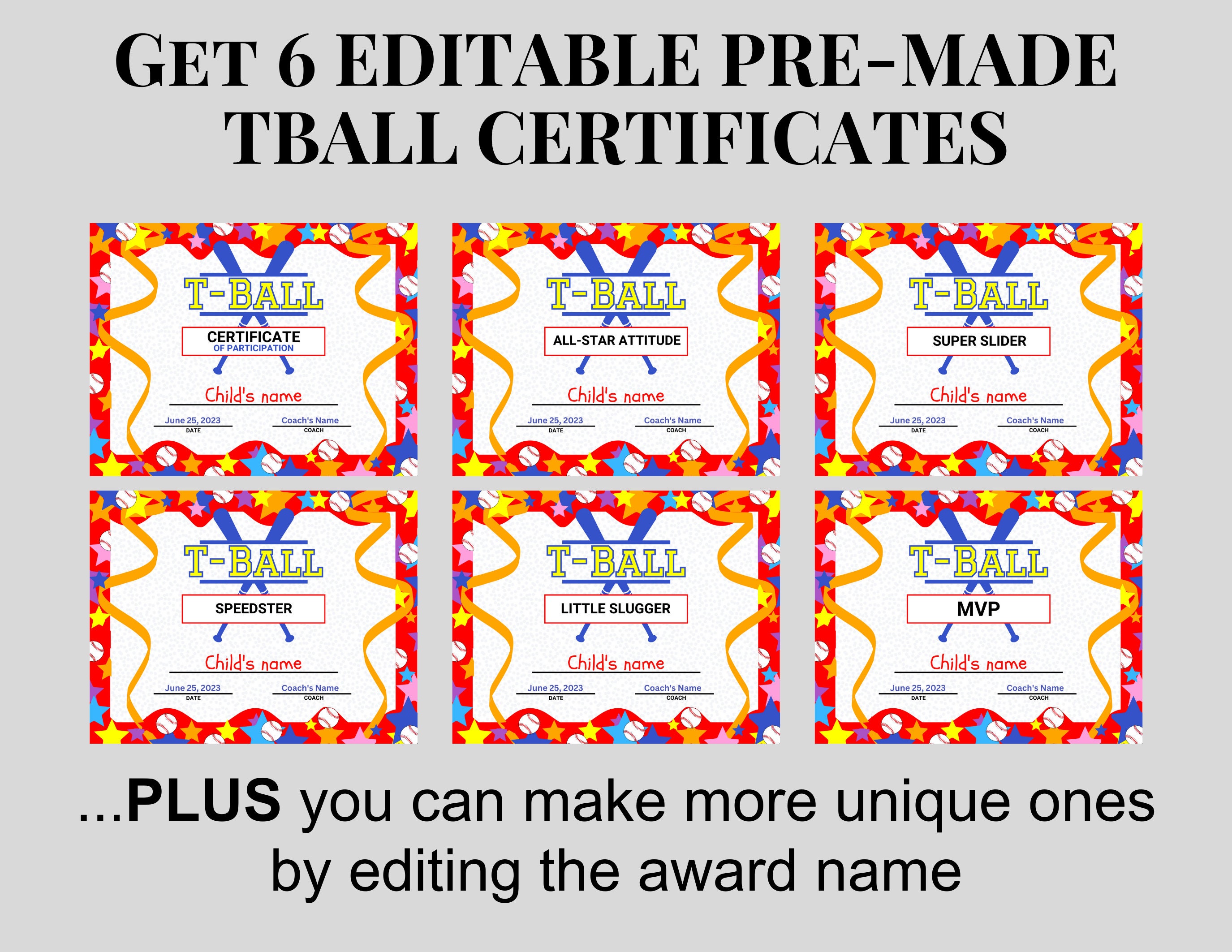 Editable T-ball Certificate Awards | Personalize & Celebrate Teeball ...