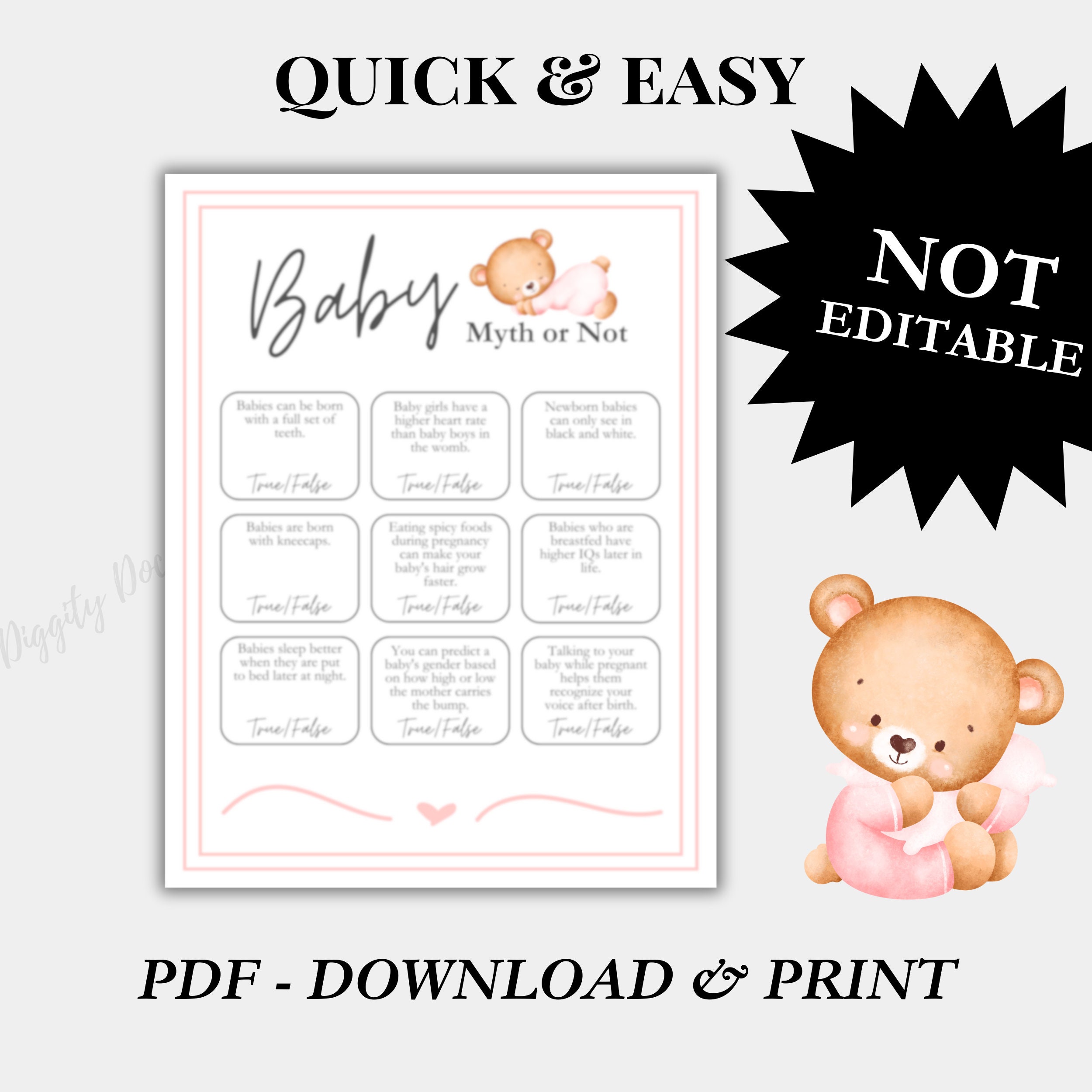 BABY SHOWER GAMES | Printable | Pink Bear Design | Set of 30, Non ...