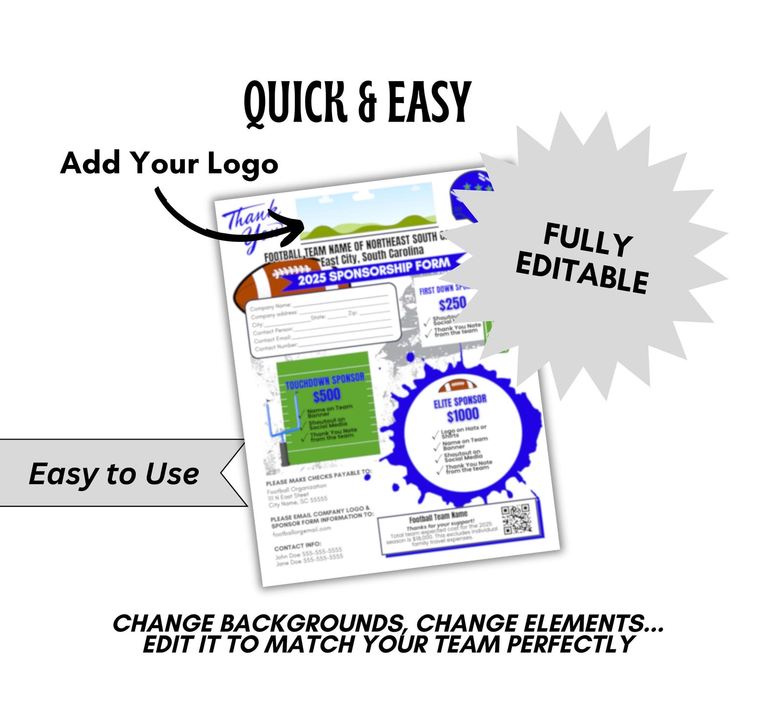 Football Sponsorship Flyer Template | Editable Canva Fundraiser Form ...
