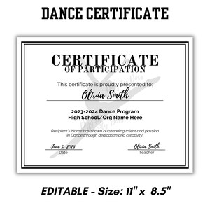 DANCE CERTIFICATES EDITABLE | Participation | Dance Award | Recital ...